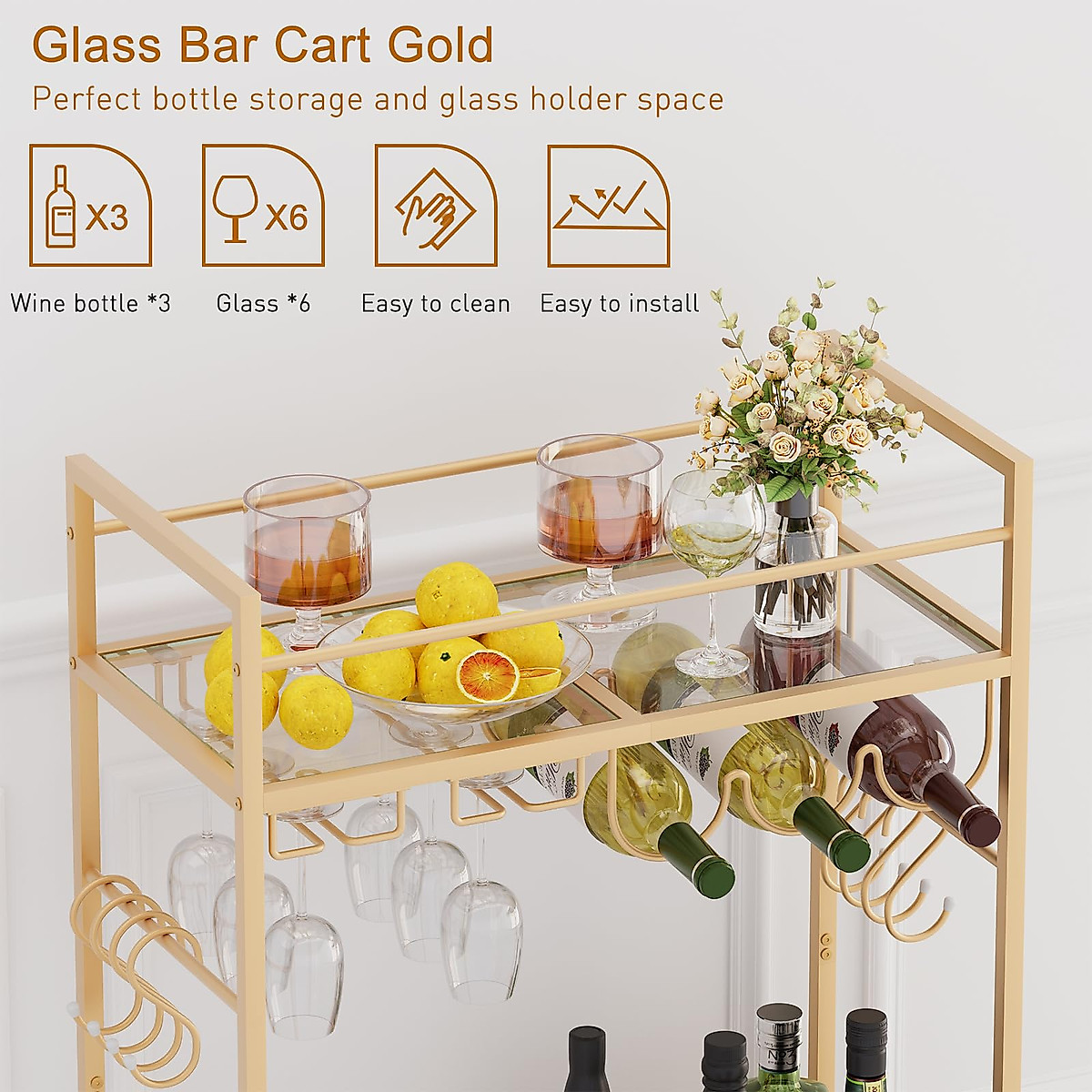 Bar Cart Rose Gold Home Bar Serving Mobile Cart, 2 Tiers Wine Cart with Wine Rack and Glass Holder, Modern Rolling Alcohol Wine Cart, Wine Holders for Home Kitchen Dining Living Room and Party Copper