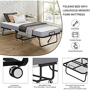 Espsilto Folding Bed with Mattress, Portable Bed for Guest, Foldable Bed with Memory Foam Mattress, Twin Size 75" x 38" Rollaway Bed with Metal Frame for Adults