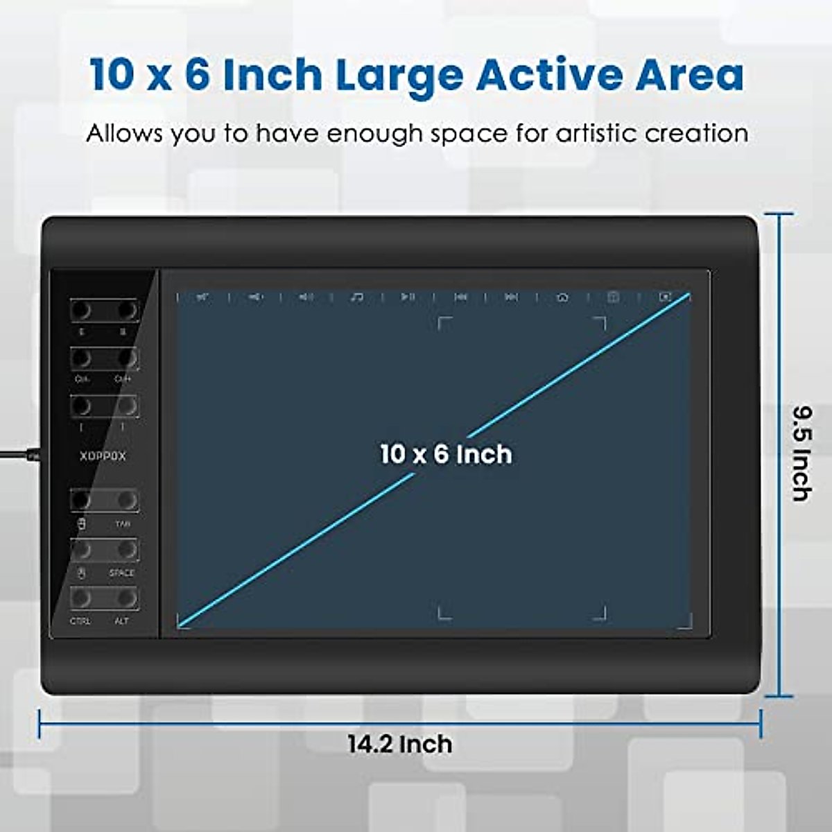 XOPPOX Graphics Drawing Tablet 10 x 6 Inch Large Active Area with 8192 Levels Battery-Free Pen and 12 Hot Keys, Compatible with PC/Mac/Android OS for Painting, Design & Online Teaching