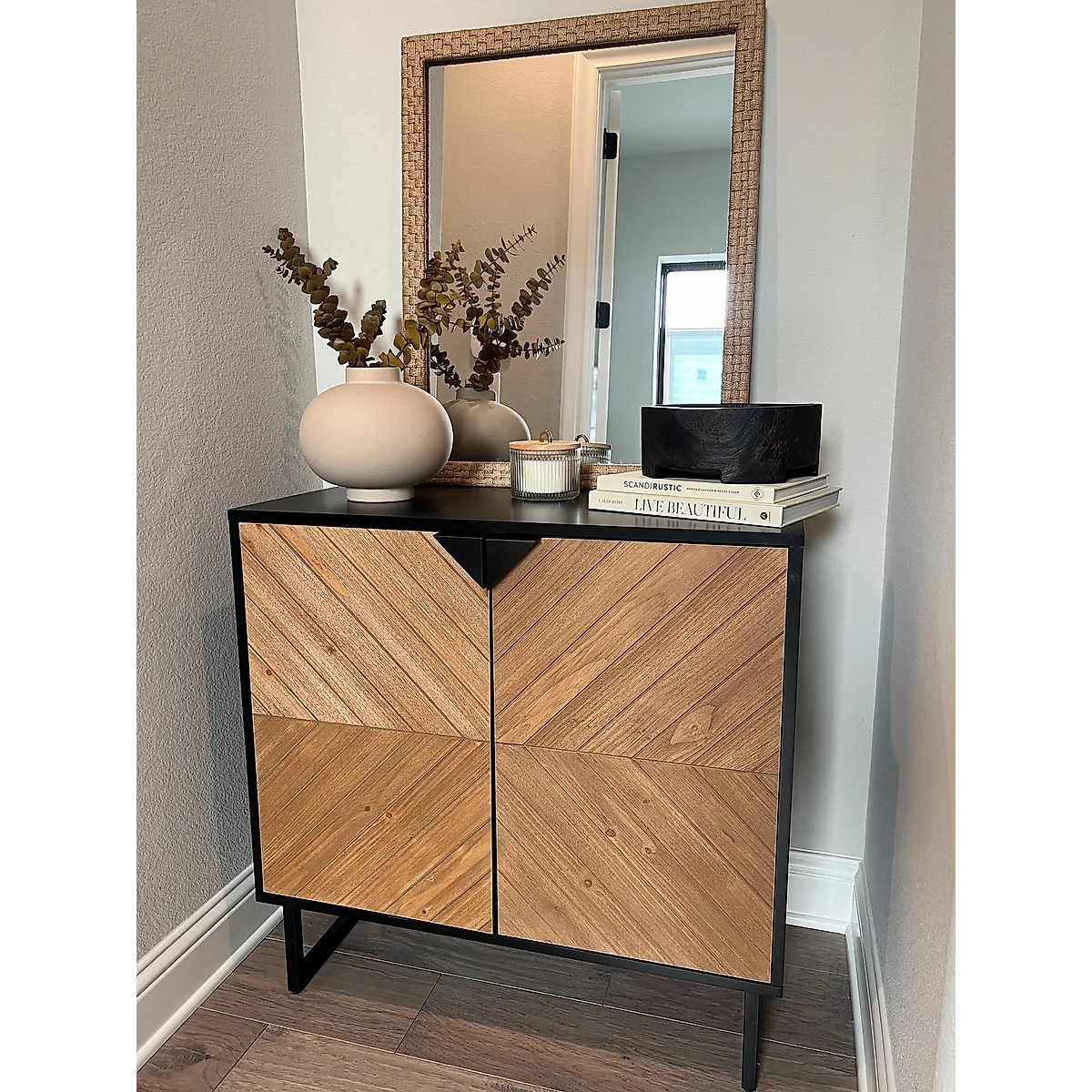 Nathan James Wood Accent Modern Free Standing Buffet Sideboard Hallway, Entryway, Dining Living Room, 1 Storage Cabinet, Enloe - Walnut Brown/Black