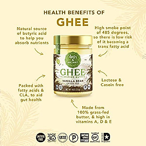 4th & Heart Vanilla Bean Grass-Fed Ghee, 9 Ounce, Keto, Pasture Raised, Lactose and Casein Free, Certified Paleo
