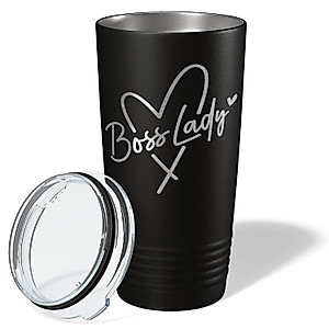 Boss Lady Big Heart Tumbler Birthday Gifts for Women, Coworker, Boss on Black 20 oz Stainless Steel Insulated Cup with Lid - Travel Mug for Mom