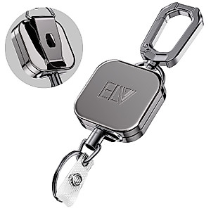 ELV Self Retractable ID Badge Holder Key Reel, Heavy Duty Metal Body, 30 Inches Upgraded Dyneema Cord, Carabiner Keychain with Belt Clip, Hold Up to 15 Keys and Tools