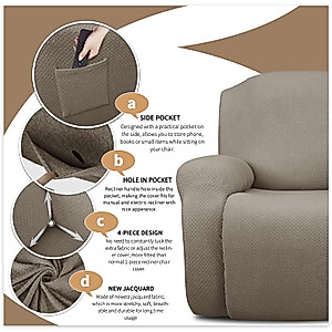 JIVINER 4-Piece Recliner Chair Covers Stretch Jacquard Covers for Recliner Chair Recliner Slipcovers for Living Room Soft Recliner Protector with Pocket (Recliner, Khaki)