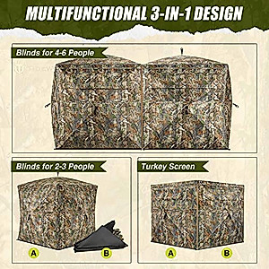 TIDEWE Hunting Blind See Through 3-in-1 with Carrying Bag, 4-6 Person Pop Up Ground Blinds 270 Degree, Portable Removable Hunting Tent for Deer & Turkey Hunting (Camouflage)