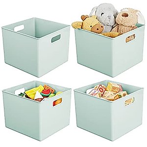 mDesign Plastic Deep Home Storage Organizer Basket Bin, Handles for Cube Furniture Shelving in Office, Closet, Bedroom, Laundry Room, Nursery, Kids Toy Room Shelf, Ligne Collection, 4 Pack, Mint Green