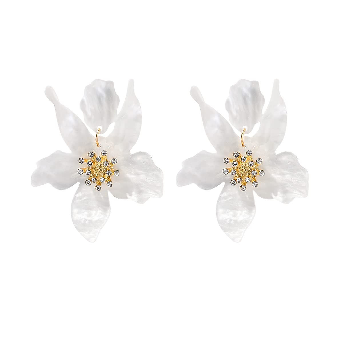 Boho Stud Earrings for Women - Chic Flower Statement Earrings with Gold Flower Bud, Great for Sister, Mom, Lover and Friends (White Flower)