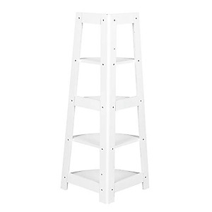 5 Tier Rustic Corner Shelf Stand, Industrial Small Bookcase Corner Ladder Shelf Plant Stand for Living Room, Kitchen, Home Office (White)