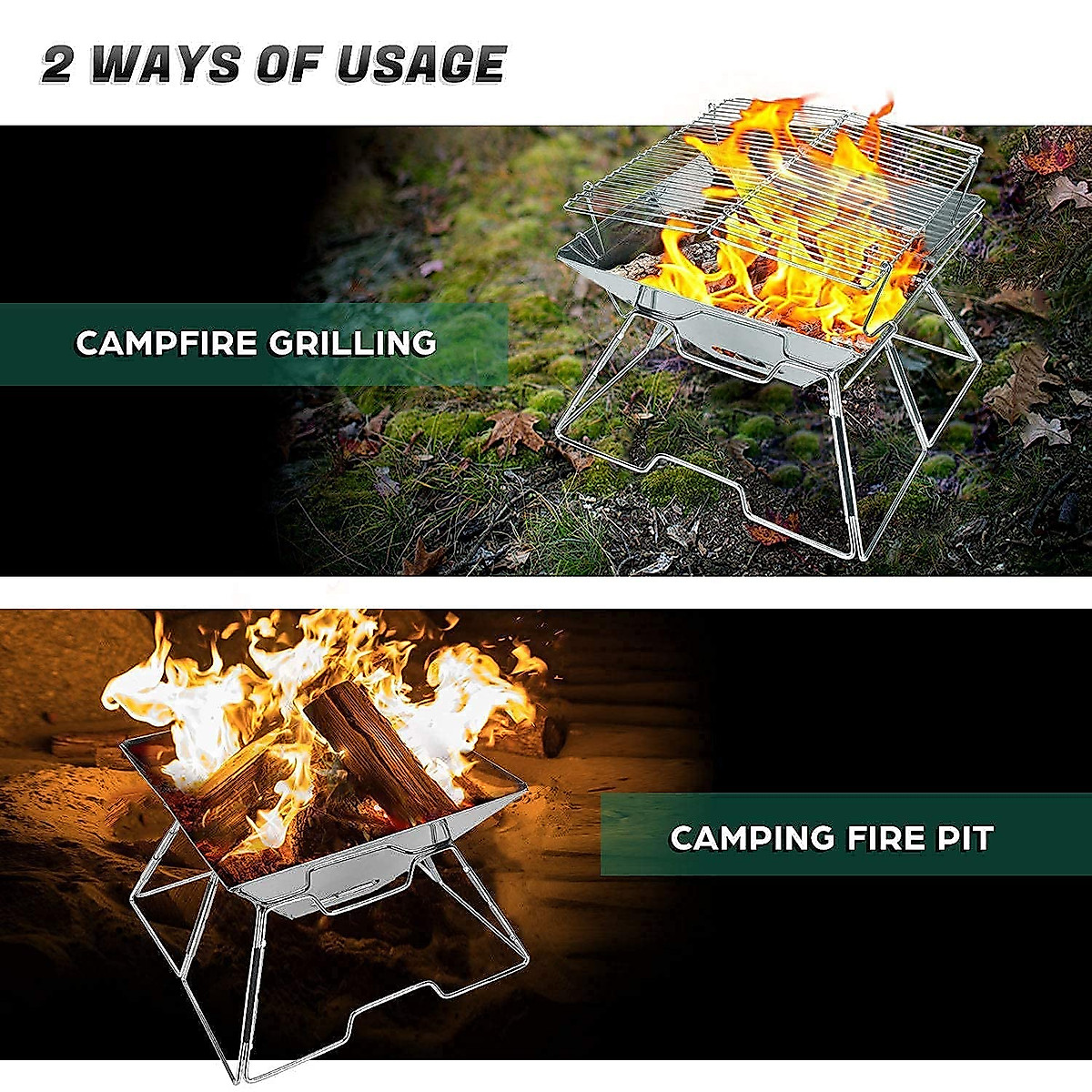 Odoland Bundle – 2 Items 10pcs Camping Cookware Mess Kit and Folding Campfire Grill, Camping Fire Pit, Outdoor Wood Stove Burner for Outdoor Backpacking Hiking BBQ
