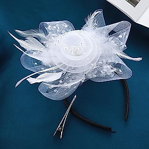Fascinators Hat for Women Tea Party Headwear Flower Mesh Headband Wedding Cocktail Hair Clip for Girls and Women (White)