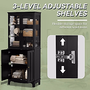 ARTPOWER 72" Freestanding Kitchen Pantry Storage Sideboard, Classical Tall Cabinet with Glass Door and Adjustable Shelves for Kitchen, Livingroom and Dining Room, Black