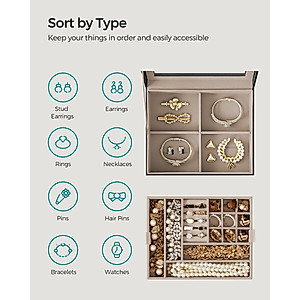 SONGMICS Jewelry Box with Glass Lid, 2-Layer Jewelry Organizer with Removable Tray, Jewelry Storage, Modern Style, Gift for Loved Ones, Graphite Black and Metallic Gold UJBC238B01