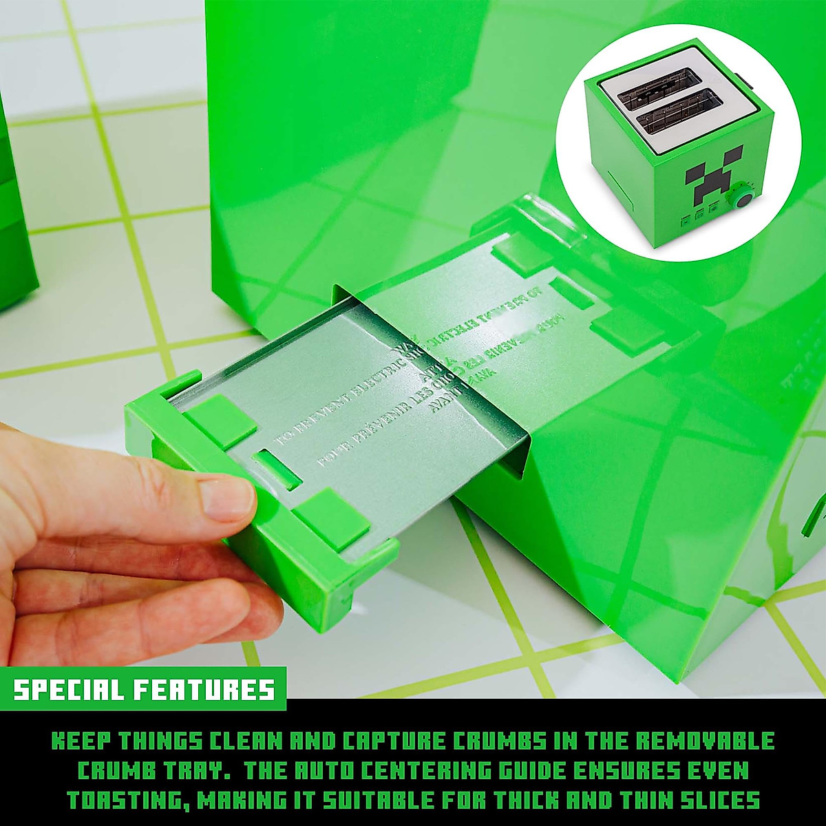 Minecraft Green Creeper 2-Slice Toaster For Bagels, Waffles, and Breads | Features 6 Settings With Defrost Option | Imprints Creeper Symbol On Bread