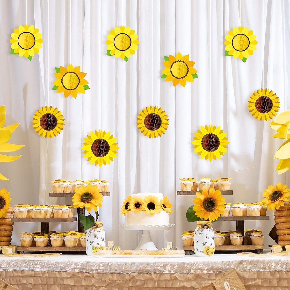 A1diee Sunflower Tissue Pom Poms - Yellow Flowers Wall Hanging Swirls Party Decorations Retro Boho Birthday Banner Baby Shower Bridal Wedding Classroom Backdrop Supplies Favor Décor 6.5" 6.2"