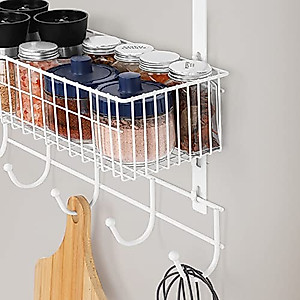 Over The Door Basket Organizer 3 Tier Hanging Kitchen Storage Rack Heavy Duty Pantry Organizer with 3 Basket and 5 Hooks Door Back Metal Wire Basket for Kitchen, Bathroom, Office, White