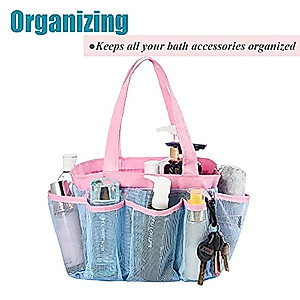 WEHUSE Portable Shower Caddy Mesh Bag, College Dorm Bathroom Caddy with Key Hook and 7 Pockets, Quick Dry Mesh Shower Basket Tote for Camp Gym