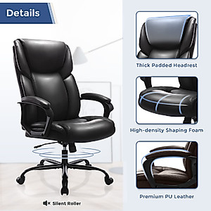 ZUNMOS Home Office Executive Desk High Back Computer Adjustable Height and Swivel Task Lumbar Head Support Chair, Leather Black