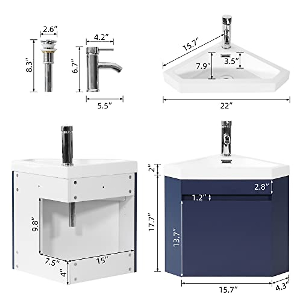 walsport 16" Corner Bathroom Vanity Floating Single Sink Combo for Small Space Wall Mounted Cabinet Set Design Resin Basin Sink Top Chrome Faucet and Drain,Blue