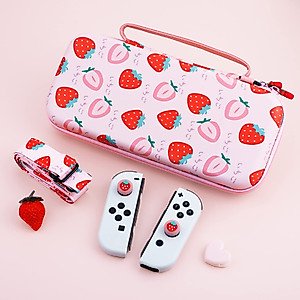 FANPL Carrying Case for Nintendo Switch and Switch OLED Accessories, Pink Strawberry Travel Case Bundle with Adjustable Shoulder Strap, Thumb Grips, Hard Switch Protective Case Cover Anti-scratch