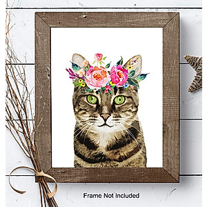 Tabby Cat Wall Art Decor - Kitten, Kitty, Cat Lover Gifts for Women - Cute Floral Wall Art Poster - Adorable Room Decoration for Girls Bedroom, Kids Room, Living Room, Baby Nursery