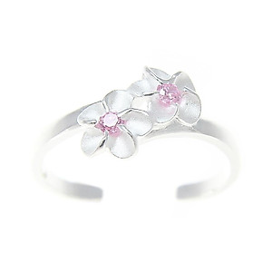 Arthur's Jewelry 925 sterling silver Hawaiian double plumeria flower pink cz open toe ring