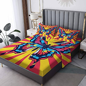 Butterfly Sheets Full Size, Vintage Rainbow Bed Sheets, Patterned Bedding Sheets & Pillowcases 4 Piece Set - Soft Microfiber Deep Pocket Fitted Sheet & Flat Sheet & 2 Pillow Cases Z9-&-162