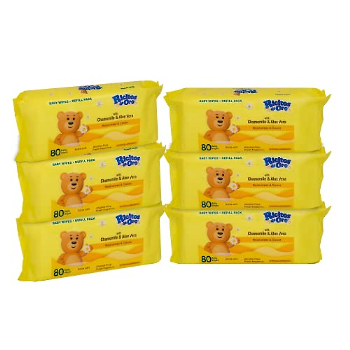 Ricitos de Oro Baby Wipes, Chamomile and Aloe Vera Refillable Baby Wipes, Moisturize and Clean Baby, Lightly Scented, Hypoallergenic, Alcohol-Fee, 6-Pack of 80 wipes each one (480 wipes)