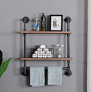SSS Furniture Industrial Pipe Shelving Bathroom Floating Shelves Wall Mounted, 2 Tier 24 inch Rustic Wood Shelf with Towel Bar, Farmhouse Towel Rack Bathroom Shelf Over Toilet