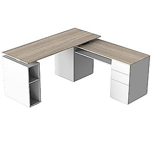 CubiCubi 63" L Shaped Executive Standing Desk with 3-Drawer File Cabinet, Electric Height Adjustable Stand up Desk for Home Office, Computer Desk with Storage Cabinets, White Frame/Light Walnut Top