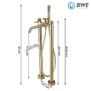 BWE Floor Mount Freestanding Bathtub Faucets Brushed Gold Solid Brass Single Handle Modern Bathroom Tub Filler High Flow Rate with Handheld Shower Mixer Tap