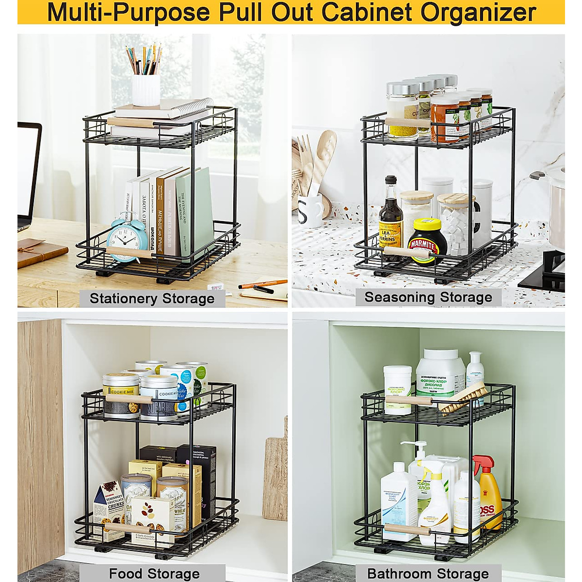 ESOW Pull Out Cabinet Organizer with 2 Tier, Heavy Duty Under Sink Slide Out Storage Shelf with Wooden Handle in Kitchen, Bathroom, Pantry, 12.79" W x16.5 D x16.14 H, SUS304 Matte Black