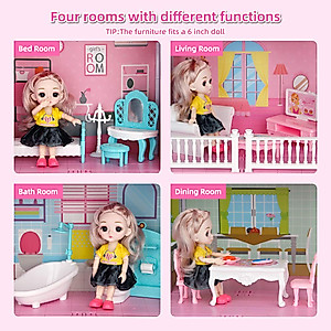 Dollhouse Kit, Doll House Asseccories and Furniture, DIY Pretend Play Building Playset Toys with Doll and Lights, Princess House for Toddlers, Kids Boys & Girls (4 Rooms)