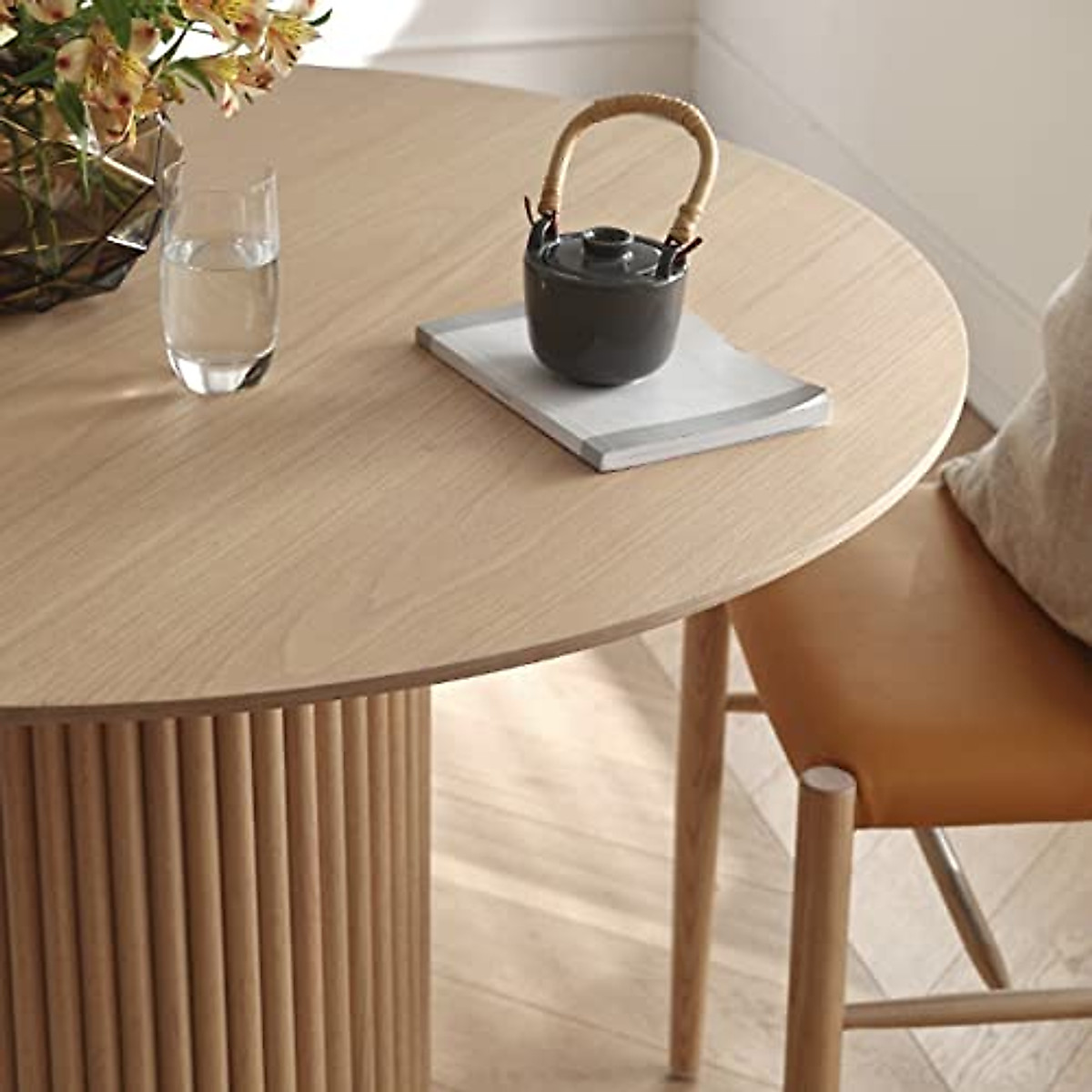 LITFAD Round Pedestal Modern Dining Table Wood Color Fixed Table of Solid Wood Simplicity Style Dining Room Home Furniture Kitchen Table - Natural 51.2" L x 51.2" W x 29.5" H