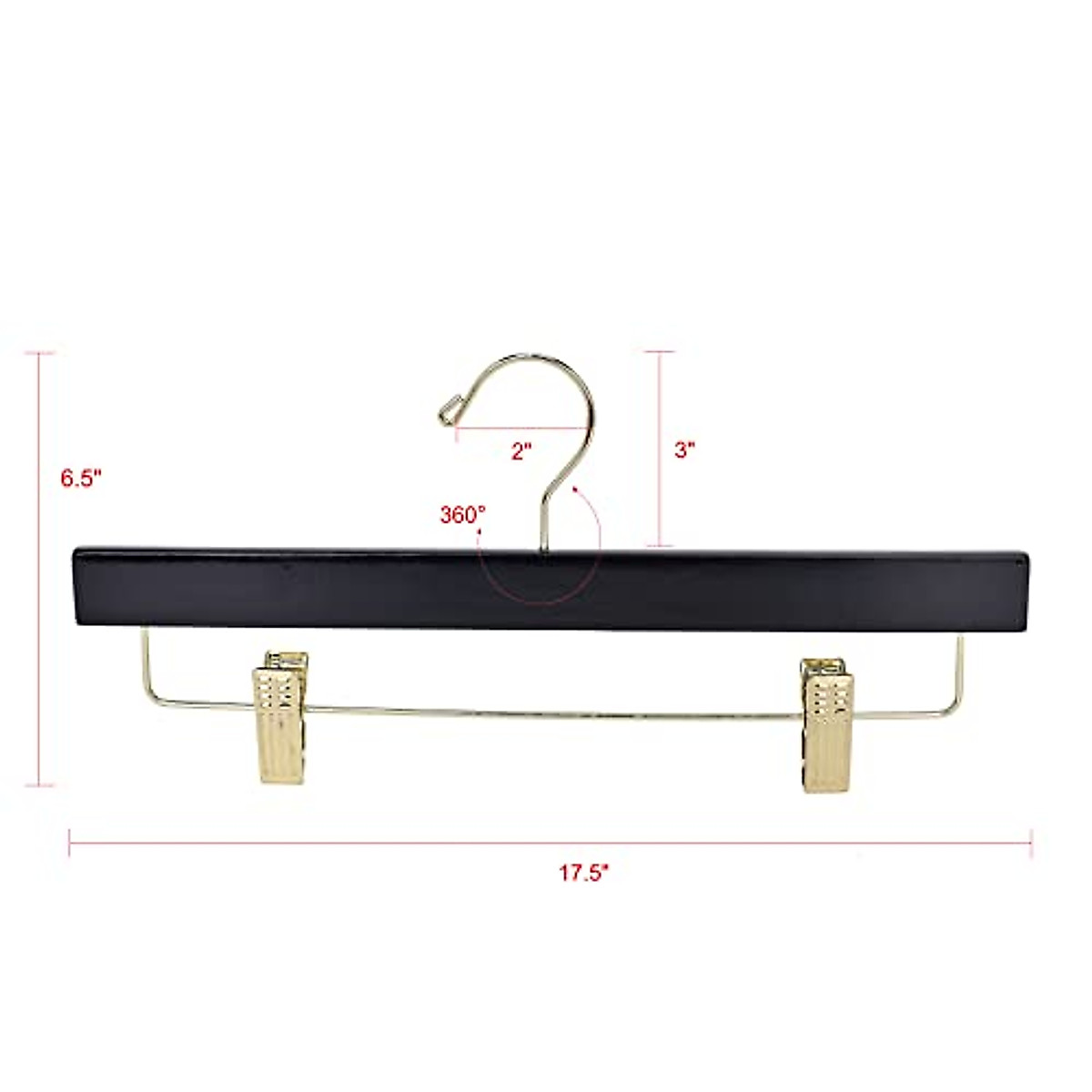 Quality Hangers Black Wooden Pants Hangers - 20-Pack Swivel Hook Cloth Hanger Set - Lotus Wood Skirt, Pant, Shorts and Slack Hangers with Adjustable Clip – Black Clothing Hanger (Gold Hook, 20)