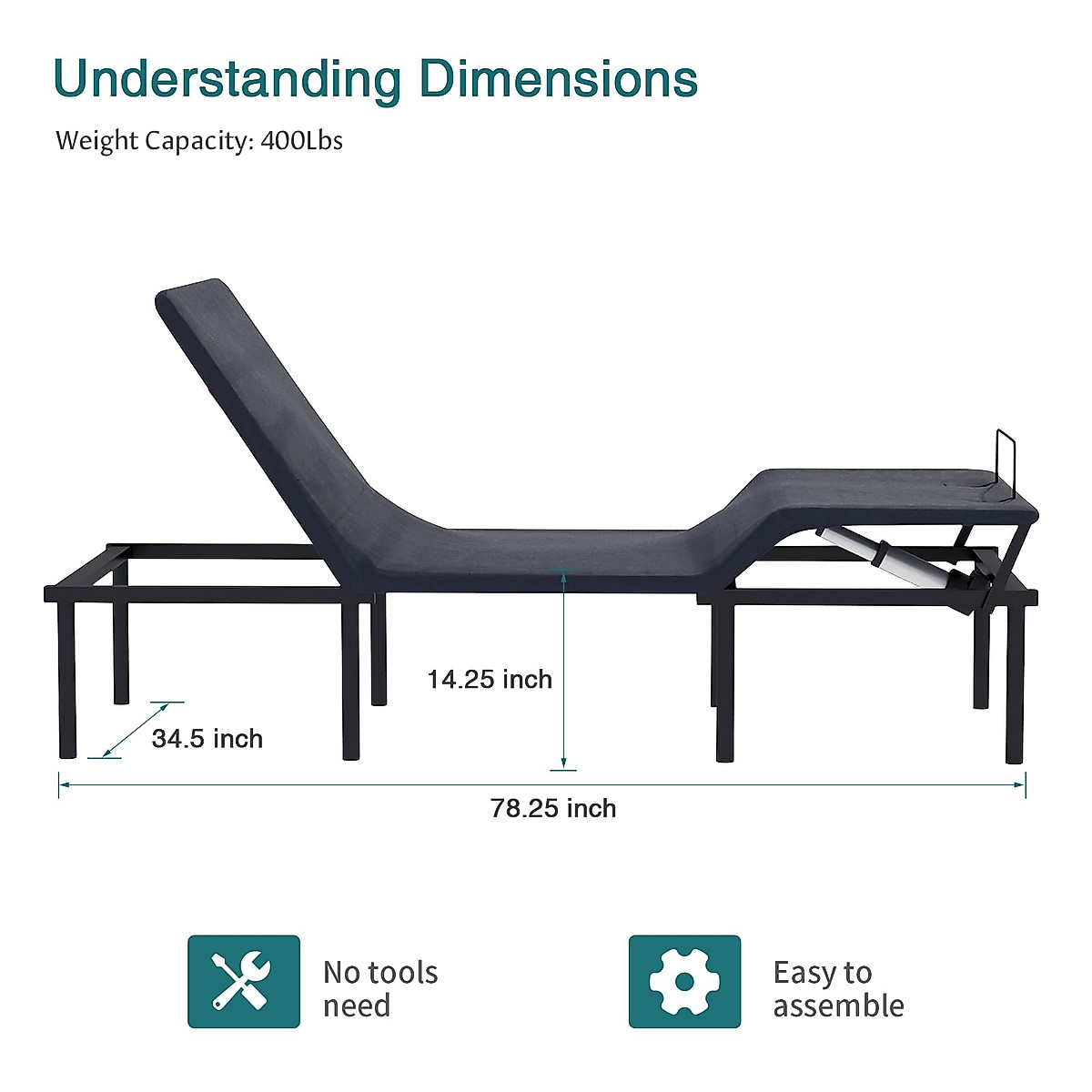 Twin XL Adjustable Bed Frame with Head and Foot Incline, Electric Adjustable Bed Base with New Generation Motor, Adjustable Bed for Seniors with Wireless Remote Control, 400 Lbs Capacity