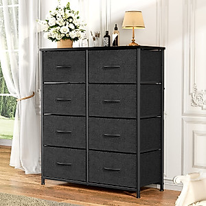 Smug Dresser for Bedroom, Tall Dresser with 8 Drawers, Storage Tower with Fabric Bins, Double Dresser, Wooden Top, Chest of Drawers for Closet, Living Room, Hallway, Children's Room, Black