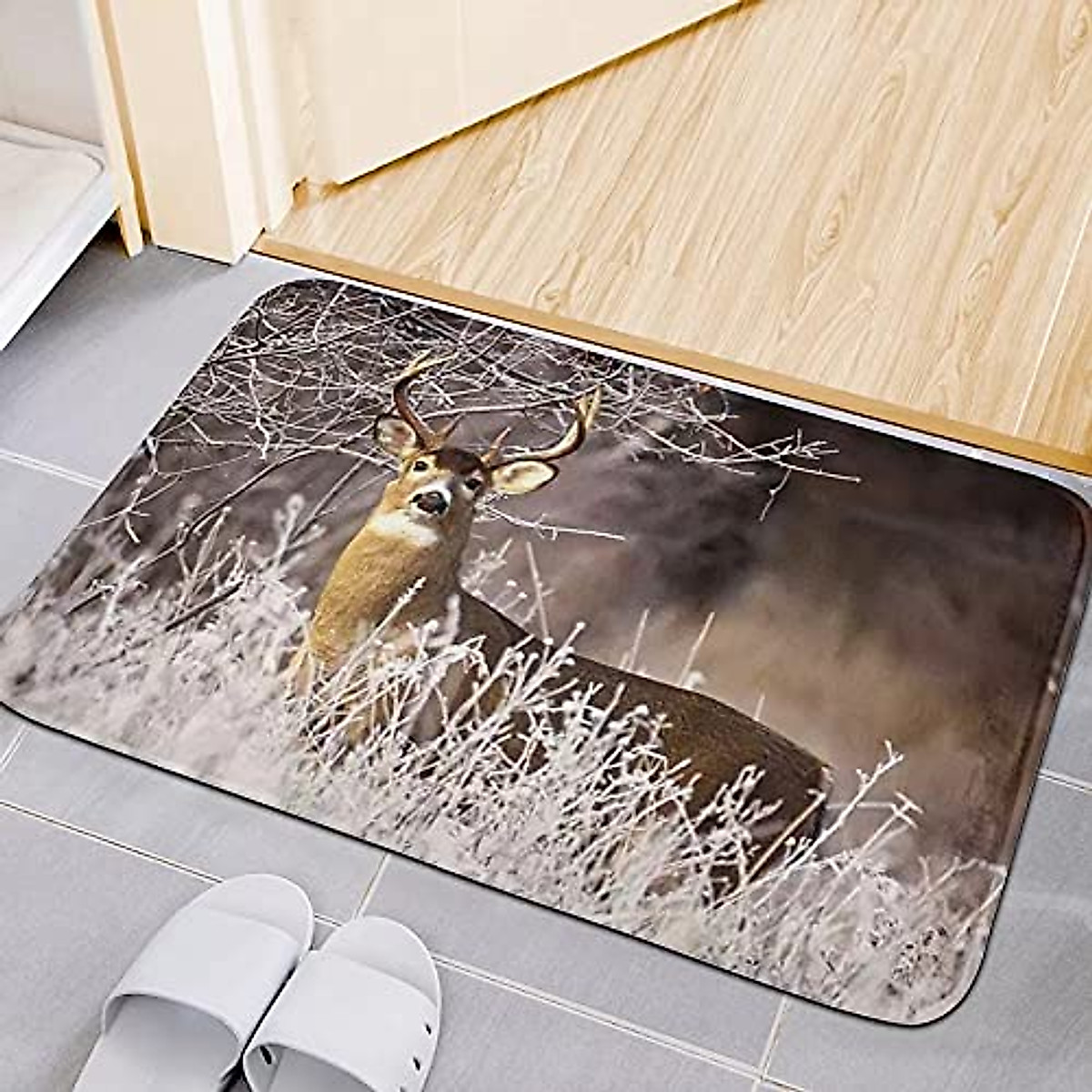 Beauty Collector Soft Hallway Entrance Welcome Mat Deer Prints Doormat for Bedroom Kitchen Dorm Funny Indoor Small Non Slip Rug Cabin Doorway Front Door Mat
