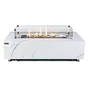 Elementi Plus Carrara Outdoor Table 59.8 Inches Fire Pit Patio Heater Marble Porcelain Firepits Outside Electronic Ignition Backyard Fireplace Cover Fire Glass Included Natural Gas