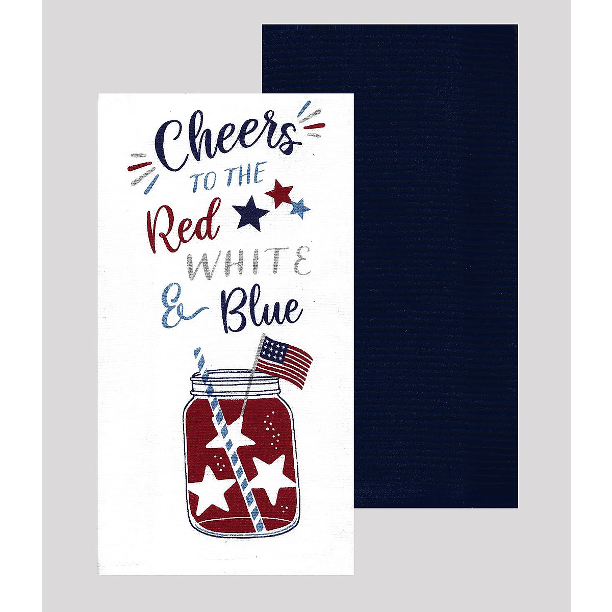 Patriotic Kitchen Towel Set - Red White and Blue Dual Cotton Terry Dishtowel Decorated with Mason Jar Drink, American Flag for 4th of July, Memorial Day,