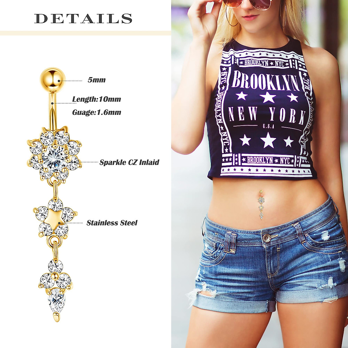 FIBO STEEL 14G Belly Button Rings Dangle 316L Stainless Steel Belly Rings for Women Navel Piercing Jewelry 12 Pcs Gold