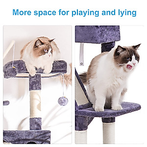 Hey-brother Cat Tree, 61 inch Cat Tower for Indoor Cats, Cat House with Padded Platform Bed, Toy Balls, Large Cozy Condo, Hammocks and Sisal Scratching Posts, Smoky Gray MPJ019G