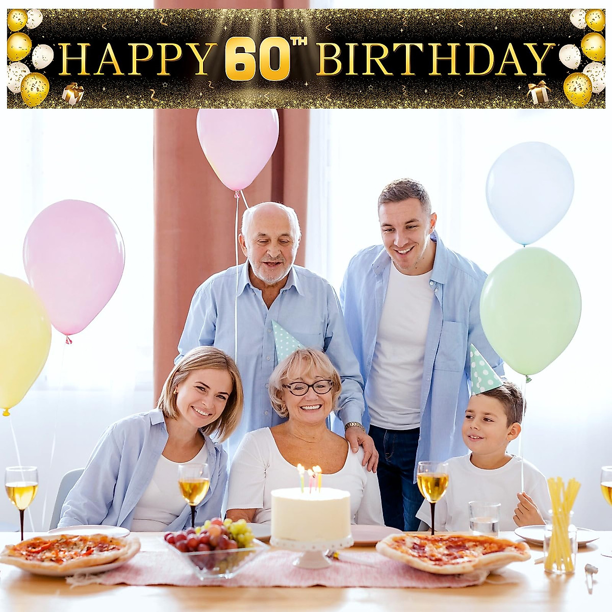 TZSS Large Happy 60th Birthday Banner, Happy 60th Birthday Decorations Yard Signs, 60th Birthday Indoor Outdoor Party Decorations (118" X 20")