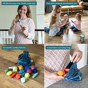 Safer Stacks - Wooden Stacking Stones/Rocks - Montessori Toddler Toy Blocks - Mega XL - Choke Test Certified - CPSC Certified - Safe for 12m+ 1 2 3 4 5 Boys Girls- 16pcs