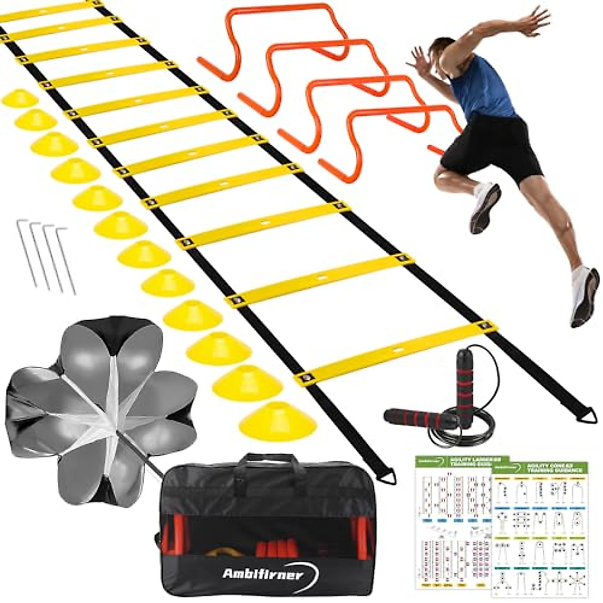 Ambifirner Agility Training Equipment Set - Agility Ladder(12 Rungs/20ft), 4 Speed Hurdles, 12 Training Cones, Jump Rope, Parachute for Speed/Soccer/Football Training with Carry Bag