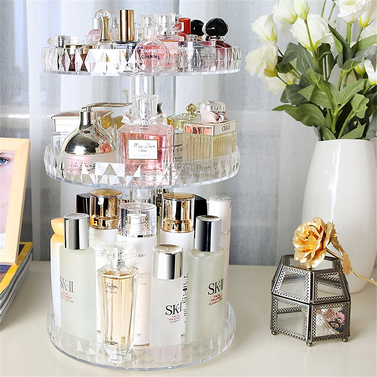BOTIDE Diamond Pattern Three Layers Perfume Organizer, 360 Rotating Diamond Cosmetic Storage Box Transparent Acrylic Swivel Shelf Desktop Skin Care Product Dresser Finishing, Plus Size
