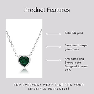 MAX + STONE Solid 14k White Gold Created Green Emerald Bezel Set Heart Pendant Necklace for Women with Spring Ring Clasp 5mm February Birthstone Necklace