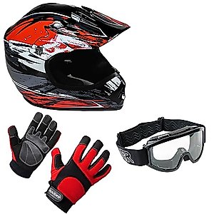 Lunatic, KIT-L2006R-15, Youth MX/ATV Helmet, Goggles & Gloves - DOT Approved - Boys Girls Kids - Red, L