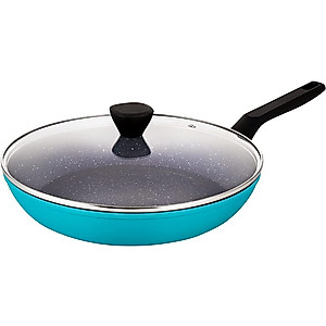 Qstar 12 in Granite Aluminum Nonstick Skillet Frying Pan in Blue with Lid and Cool Touch Handle