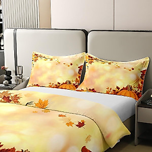 jejeloiu Fall Festival Bedding Set Full Pumpkin Maple Leaf Duvet Cover 100% Cotton Bedroom Decor Happy Fall Y'all Comforter Cover Set Women Men Bedspread Cover with 2 Pillow Case