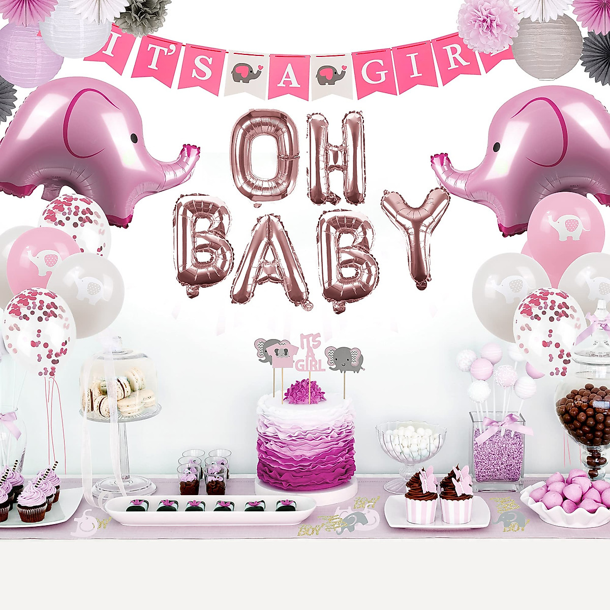 JYNTU Elephant Baby Shower Decorations (Pink)-Elephant Theme, Baby Shower Backdrop with Balloons, OH baby, It;s a Girl, Cake Topper, Paper Hanging Decoration(Flower,lantern)